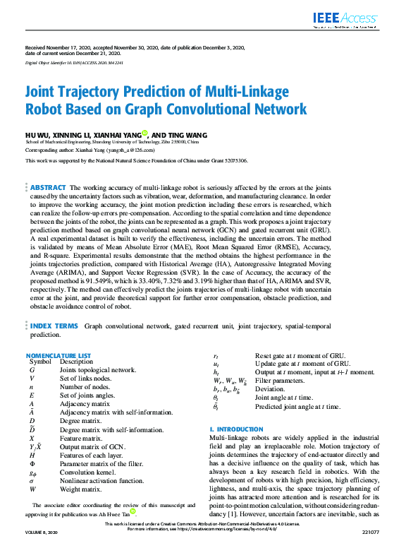 Pdf Joint Trajectory Prediction Of Multi Linkage Robot Based On Graph Convolutional Network