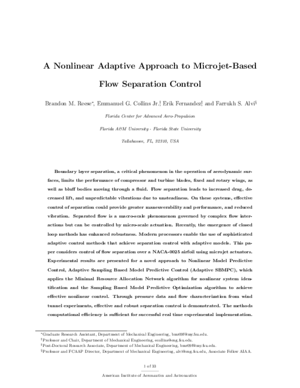 (PDF) Nonlinear Adaptive Approach to Microjet-Based Flow Separation Control