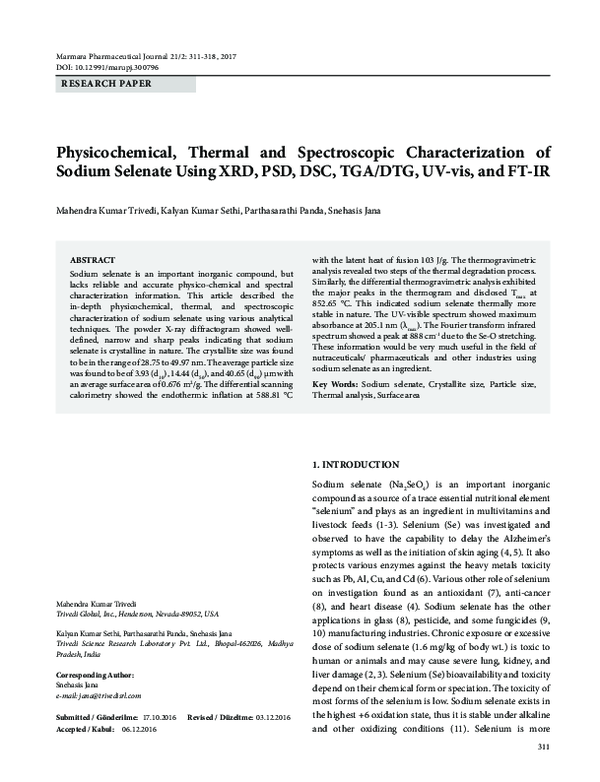 (PDF) Sodyum selenat’ın XRD, PSD, DSC, TGA/DTG, UV-VIS ve FT-IR ...