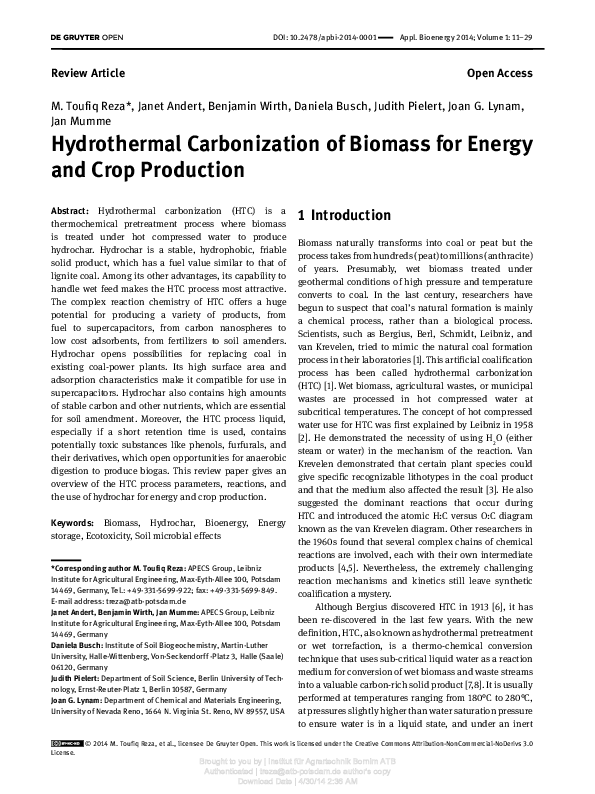 (PDF) Hydrothermal Carbonization of Biomass for Energy and Crop Production