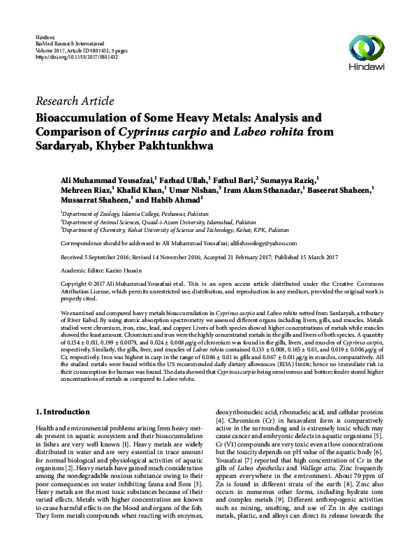 (PDF) Bioaccumulation of Some Heavy Metals: Analysis and Comparison of ... (PDF) Bioaccumulation of Some Heavy Metals: Analysis and Comparison of ...