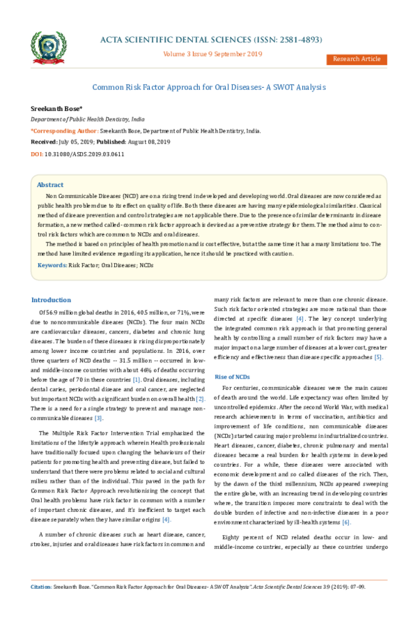 (PDF) Common Risk Factor Approach for Oral Diseases- A SWOT Analysis