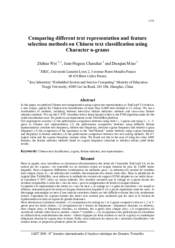 (PDF) Comparing different text representation and feature selection methods on Chinese text ...
