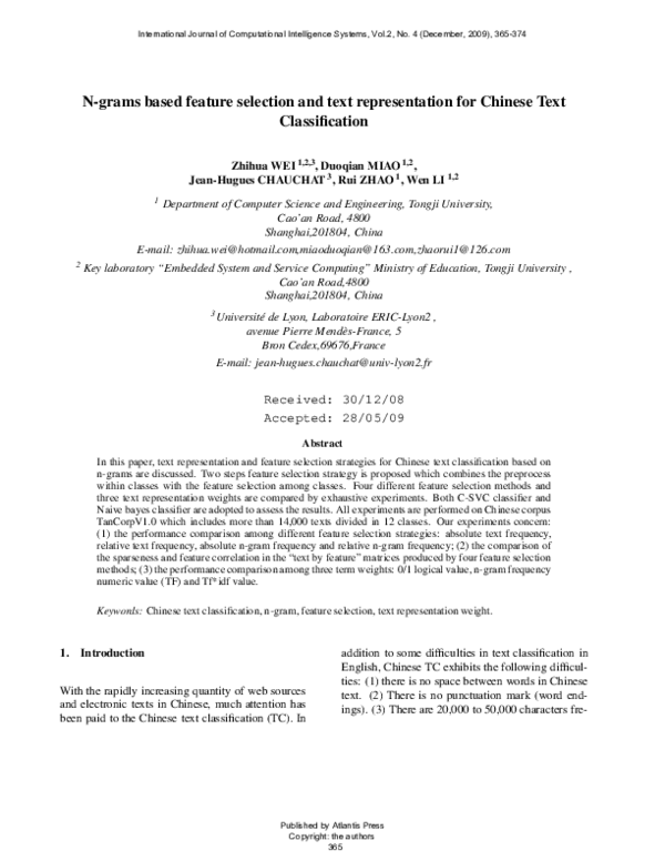 Pdf N Grams Based Feature Selection And Text Representation For Chinese Text Classification