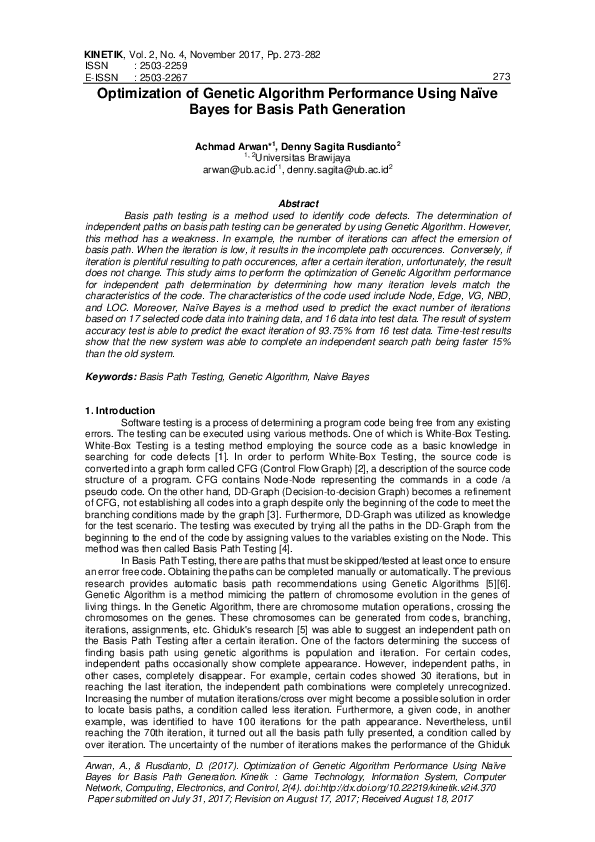 Pdf Optimization Of Genetic Algorithm Performance Using Naïve Bayes For Basis Path Generation