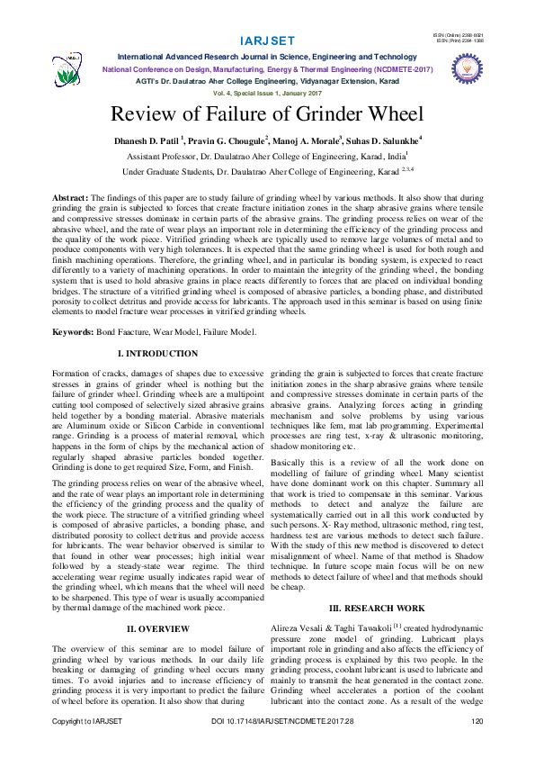 (PDF) Review of Failure of Grinder Wheel