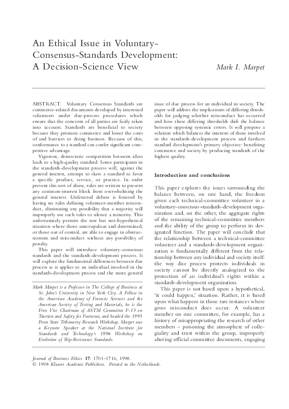 (PDF) An Ethical Issue in Voluntary-Consensus-Standards Development: A ...