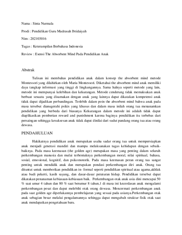 (PDF) Tugas Sinta Nurmala Riview Esensi The Absorbent Mind Pada ...