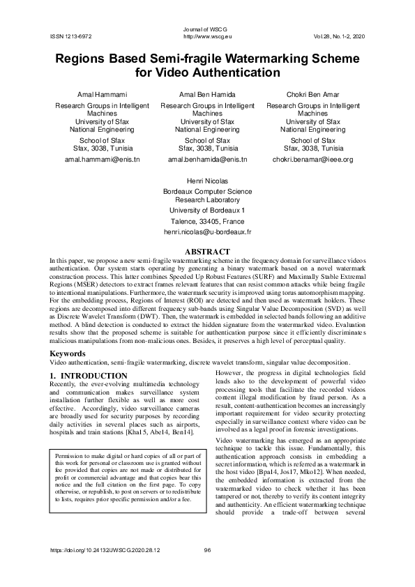(PDF) Regions Based Semi-fragile Watermarking Scheme for Video Authentication