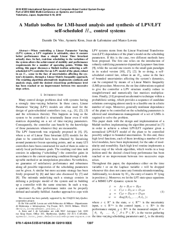 (PDF) A Matlab toolbox for LMI-based analysis and synthesis of LPV/LFT self-scheduled H ∞ ...
