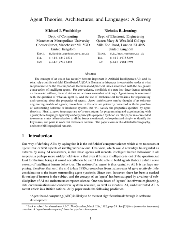 (PDF) Agent theories, architectures, and languages: A survey