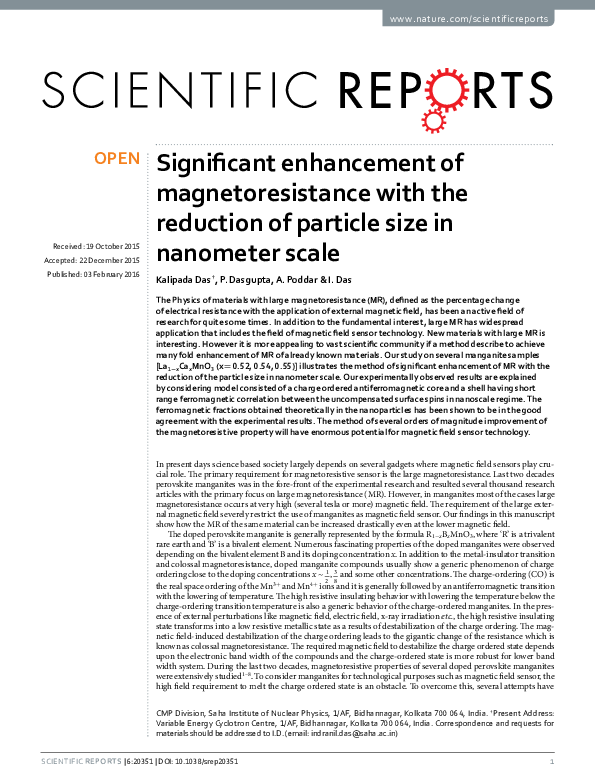 (PDF) Significant enhancement of magnetoresistance with the reduction of particle size in ...