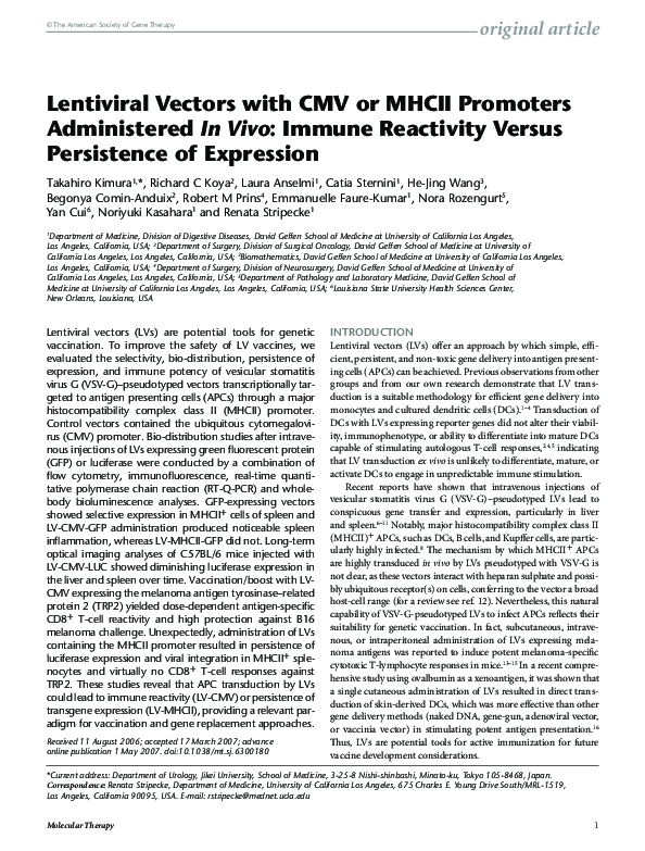 (PDF) Lentiviral Vectors with CMV or MHCII Promoters Administered In ...