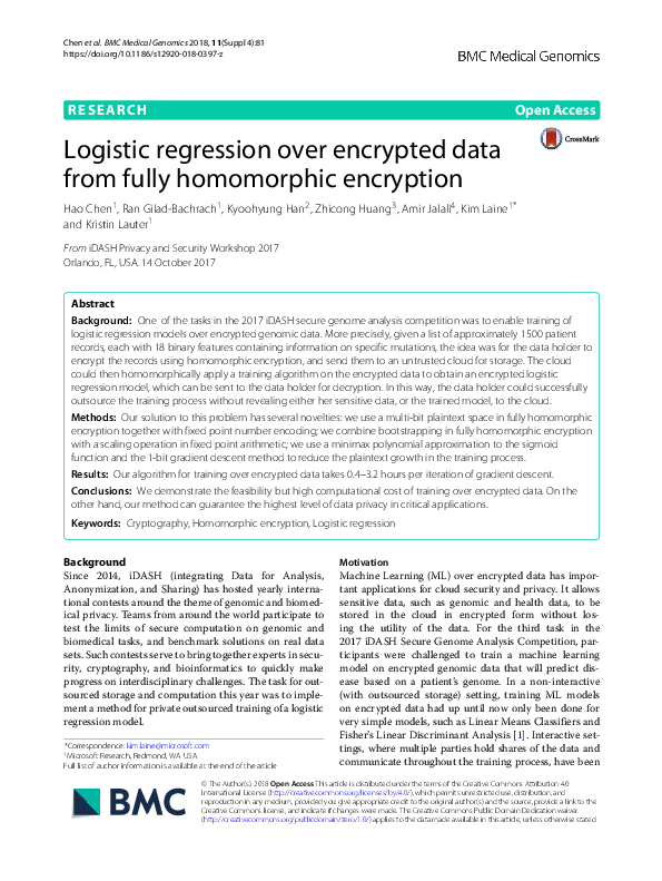 Pdf Logistic Regression Over Encrypted Data From Fully Homomorphic Encryption