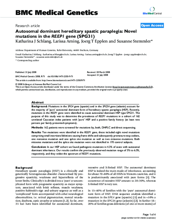 (PDF) Autosomal dominant hereditary spastic paraplegia: Novel mutations ...