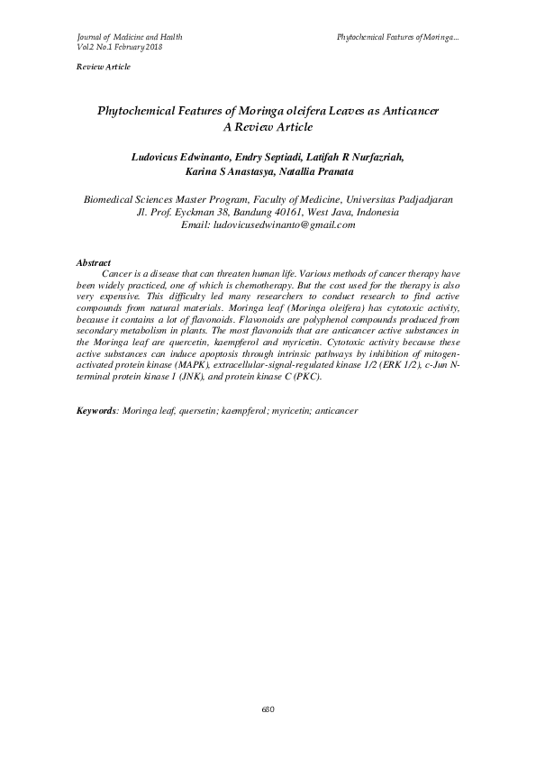 (PDF) Phytochemical Features of Moringa oleifera Leaves as Anticancer