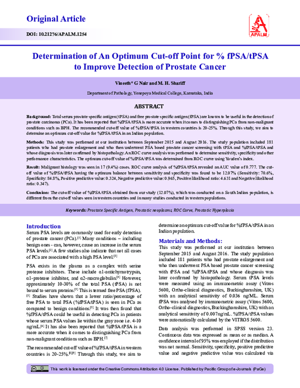 (PDF) Determination of an optimum cut-off point for %fPSA/tPSA to ...