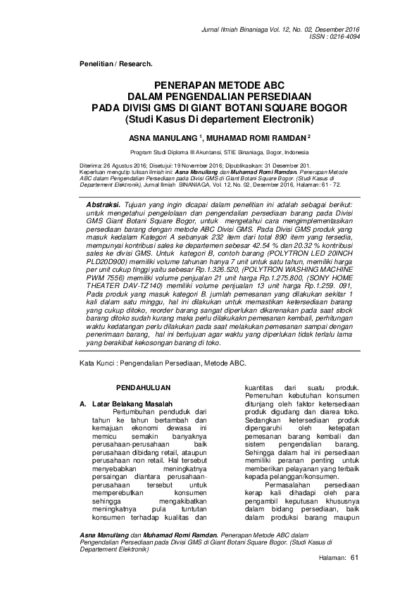 (PDF) PENERAPAN METODE ABC DALAM PENGENDALIAN PERSEDIAAN PADA DIVISI ...