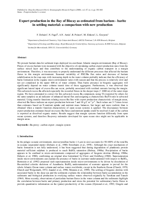 (PDF) Export production in the Bay of Biscay as estimated from barium ...