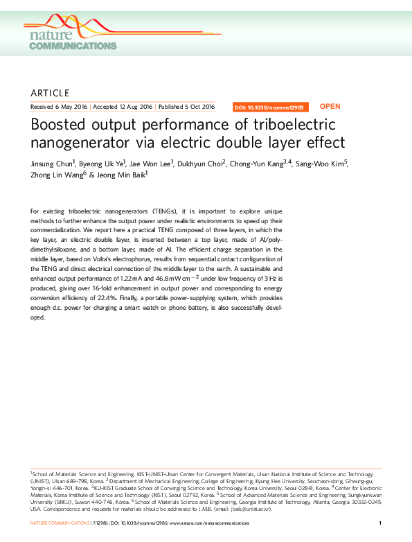 (PDF) Boosted output performance of triboelectric nanogenerator via electric double layer effect