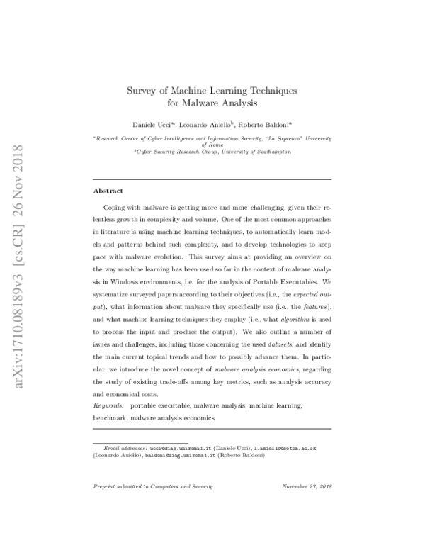 (PDF) Survey of machine learning techniques for malware analysis