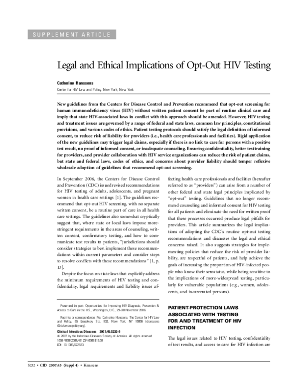 (PDF) Legal and ethical implications of opt-out HIV testing | Catherine ...