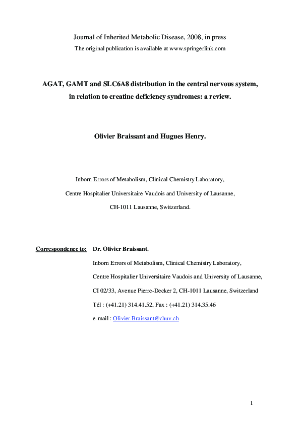 (PDF) AGAT, GAMT and SLC6A8 distribution in the central nervous system ...