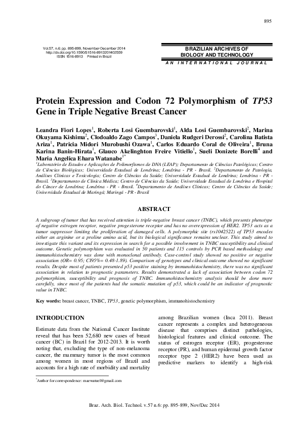 (PDF) Protein Expression and Codon 72 Polymorphism of TP53 Gene in Triple Negative Breast Cancer