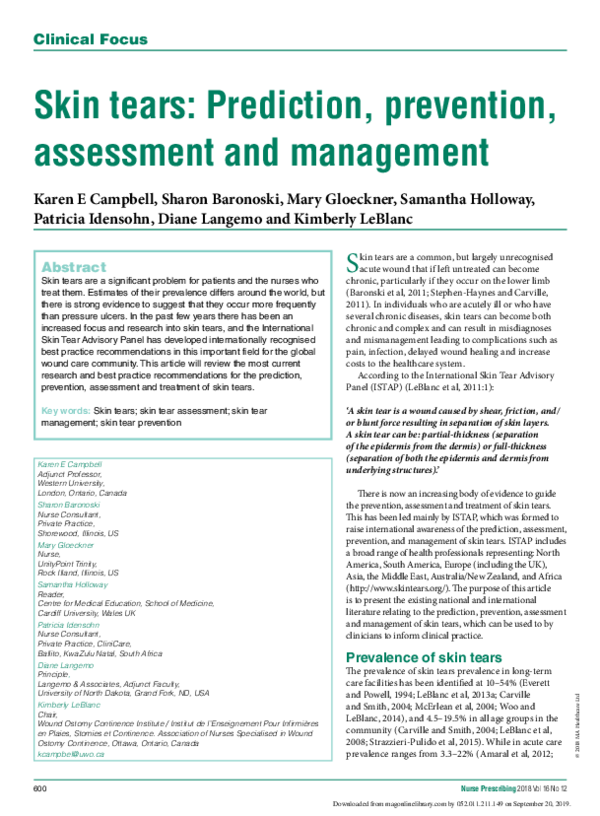 (PDF) Skin tears: Prediction, prevention, assessment and management