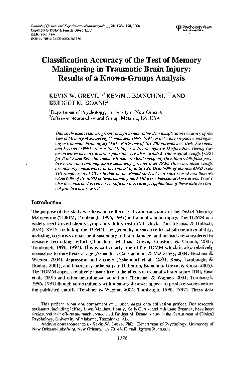 (PDF) Classification Accuracy of the Test of Memory Malingering in ...