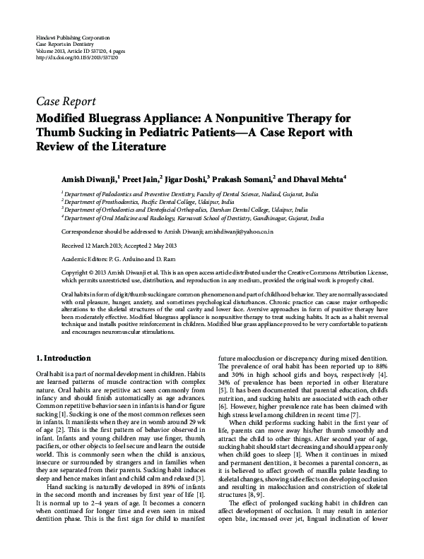 (PDF) Modified bluegrass appliance: a nonpunitive therapy for thumb ...