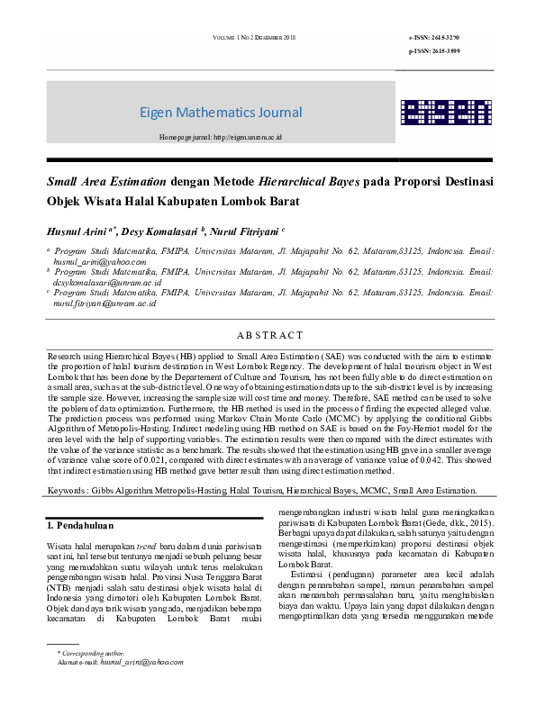 (PDF) Small Area Estimation dengan Metode Hierarchical Bayes pada Proporsi Destinasi Objek ...