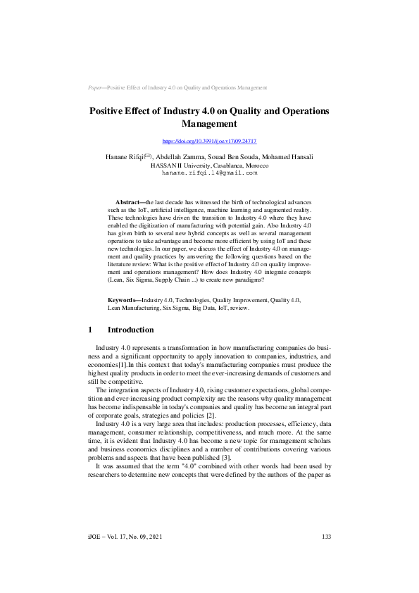 (PDF) Positive Effect of Industry 4.0 on Quality and Operations Management