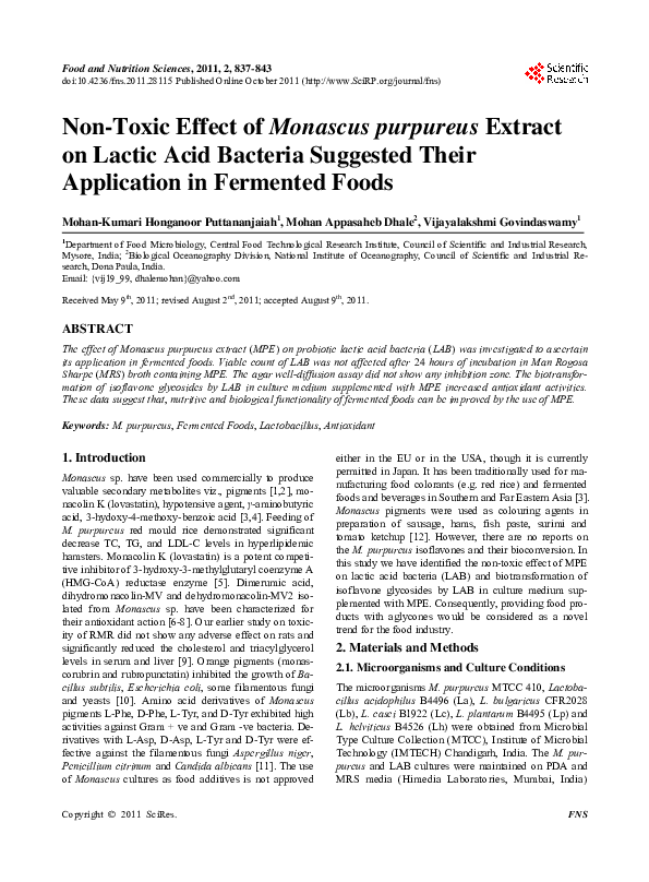 (PDF) Non-Toxic Effect of Monascus purpureus Extract on Lactic Acid ...