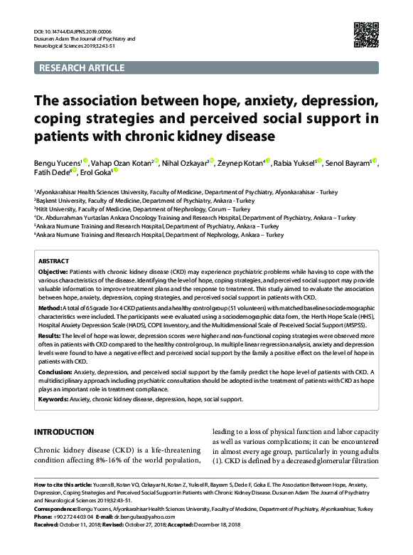 (PDF) The association between hope, anxiety, depression, coping ...
