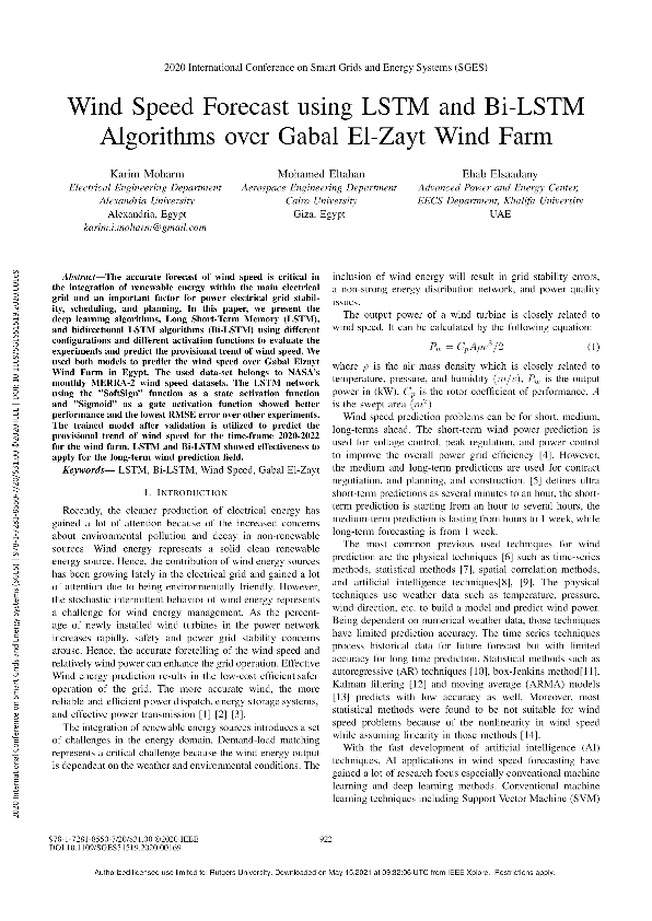 Pdf Wind Speed Forecast Using Lstm And Bi Lstm Algorithms Over Gabal El Zayt Wind Farm