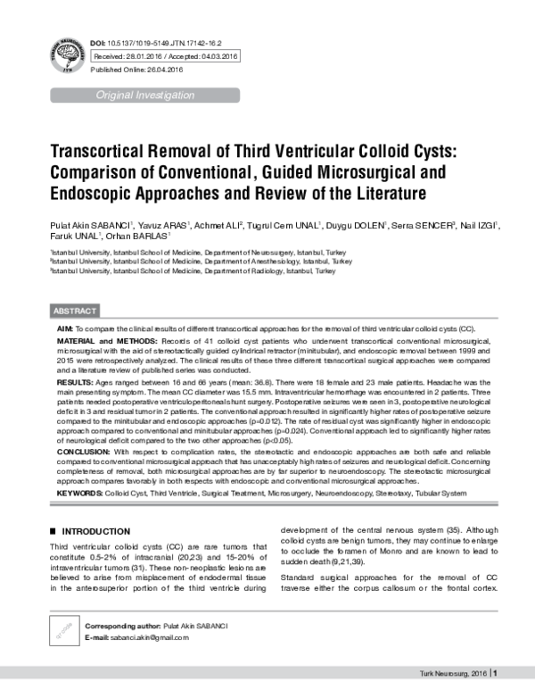 (PDF) Transcortical removal of third ventricular colloid cysts: a ...