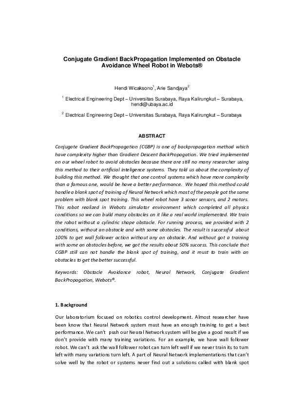 (PDF) Conjugate Gradient BackPropagation Implemented on Obstacle Avoidance Wheel Robot in Webots®