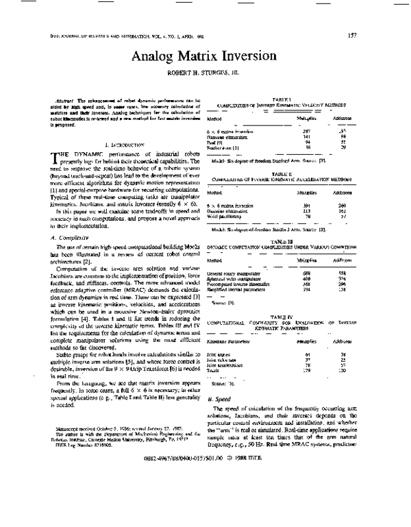 (PDF) Analog matrix inversion (robot kinematics)
