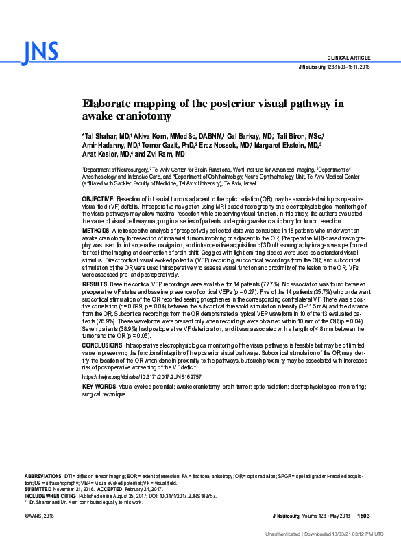 (PDF) Elaborate mapping of the posterior visual pathway in awake craniotomy | Akiva Korn ...