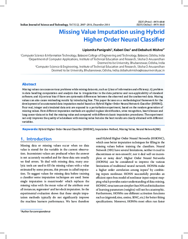 (PDF) Missing Value Imputation using Hybrid Higher Order Neural Classifier