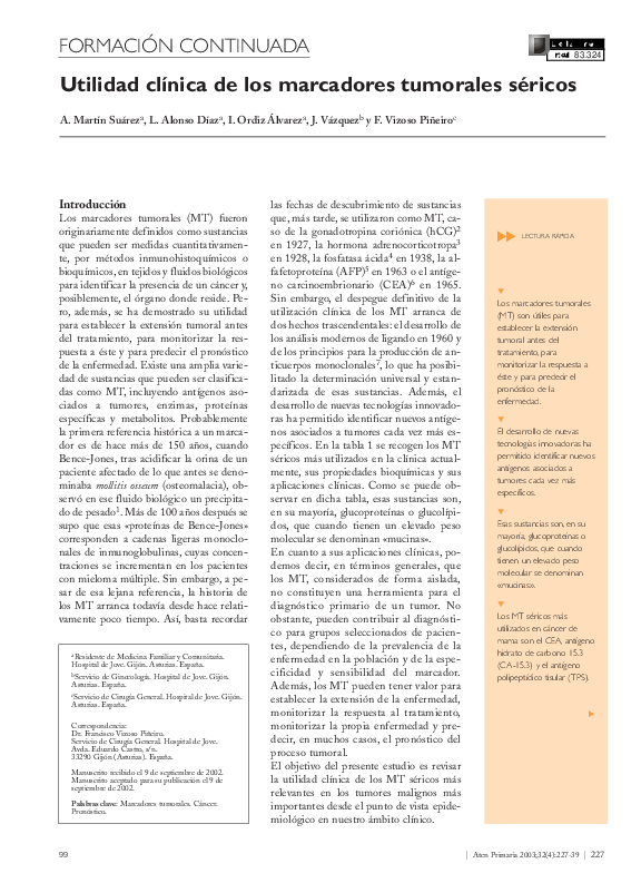 (PDF) Utilidad clínica de los marcadores tumorales séricos