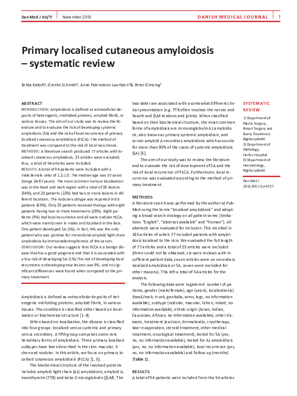(PDF) Primary localised cutaneous amyloidosis - a systematic review