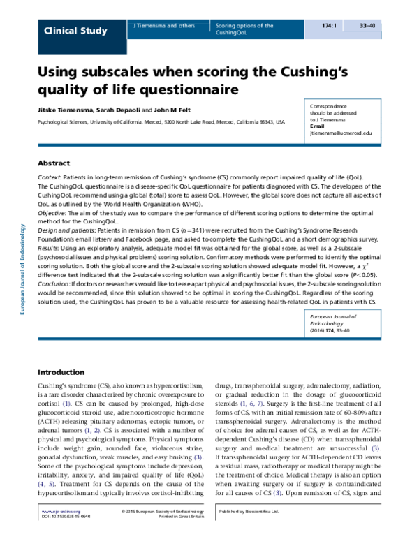 (PDF) Using subscales when scoring the Cushing's Quality of Life ...