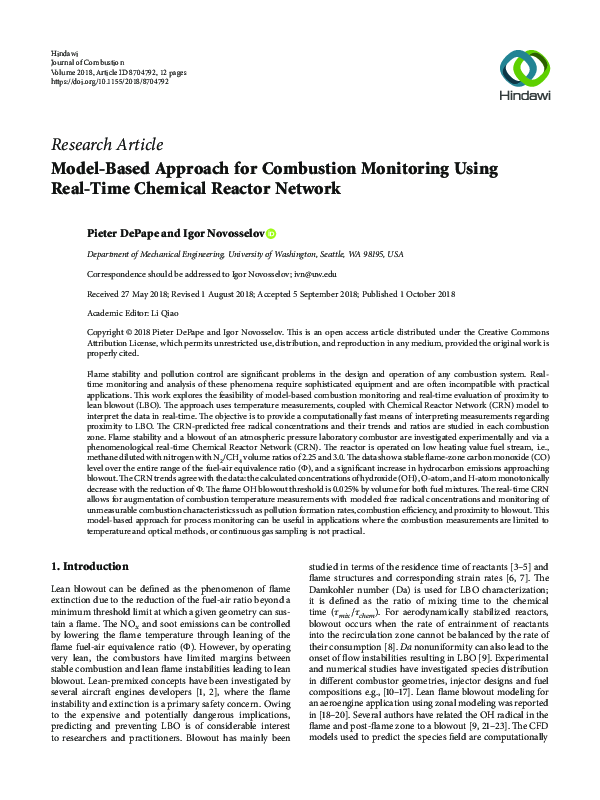 (PDF) Model-Based Approach for Combustion Monitoring Using Real-Time Chemical Reactor Network