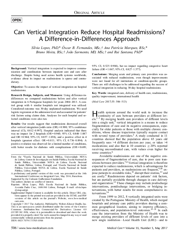 (PDF) Can Vertical Integration Reduce Hospital Readmissions? A ...