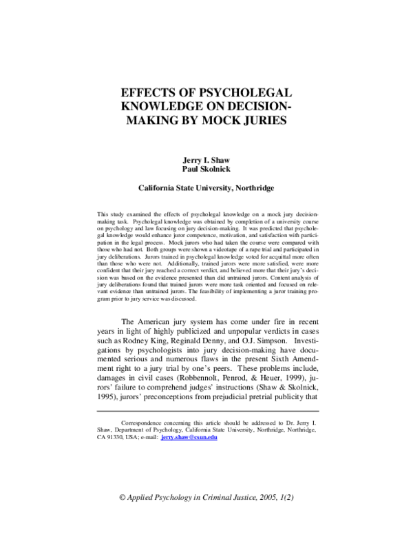(PDF) Effects of psycholegal-knowledge on decision-making by mock juries