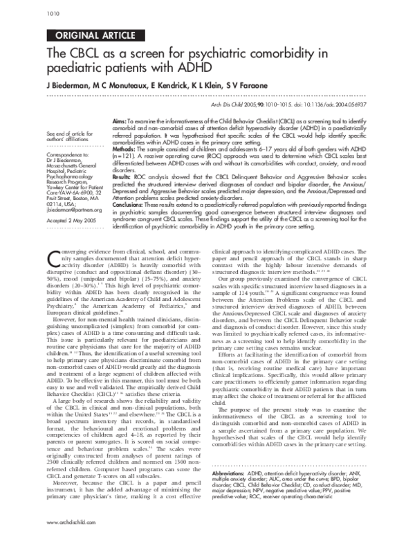 (PDF) The CBCL as a screen for psychiatric comorbidity in paediatric ...