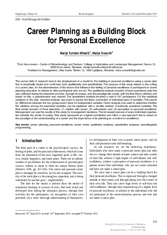 (PDF) Career Planning as a Building Block for Personal Excellence
