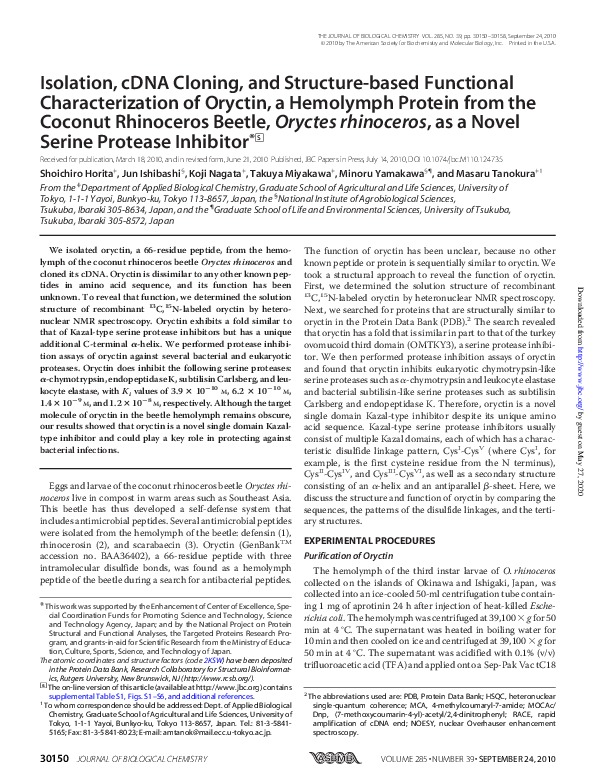 (PDF) Isolation, cDNA Cloning, and Structure-based Functional Characterization of Oryctin, a ...